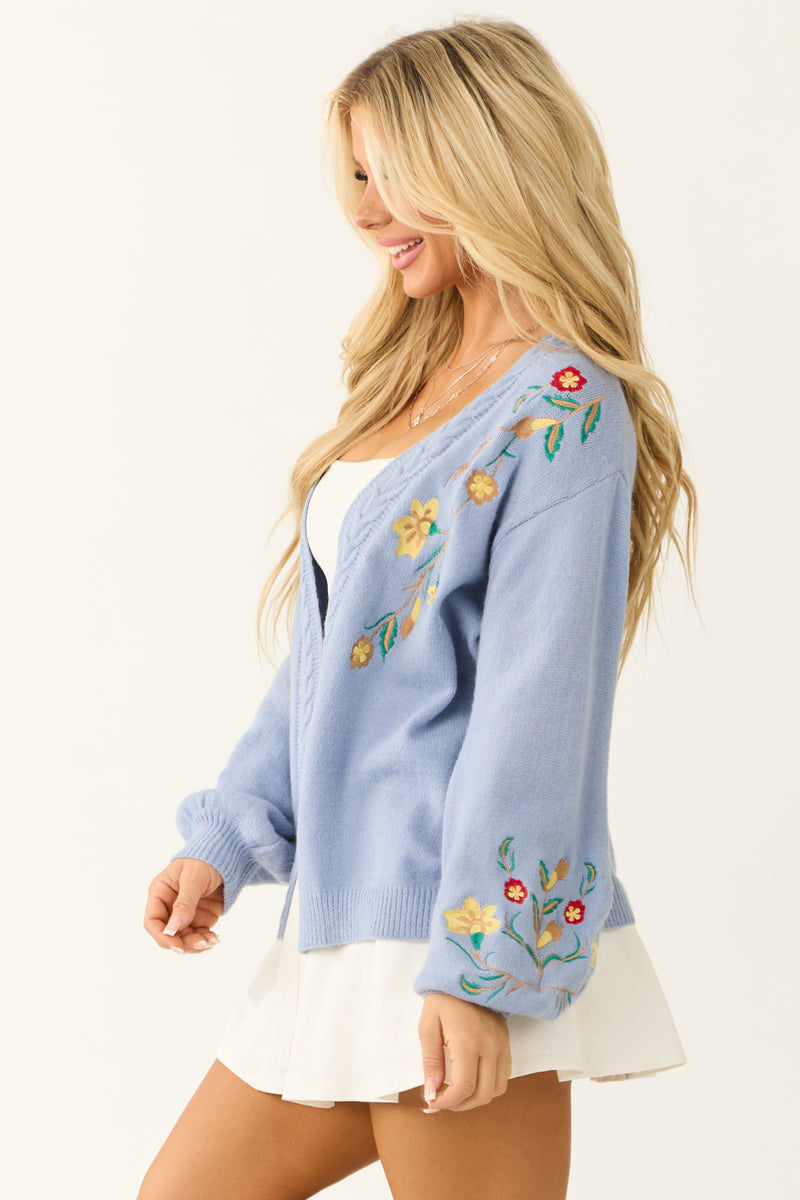 Powder Blue Floral Embroidered Knit Cardigan | Lime Lush Boutique