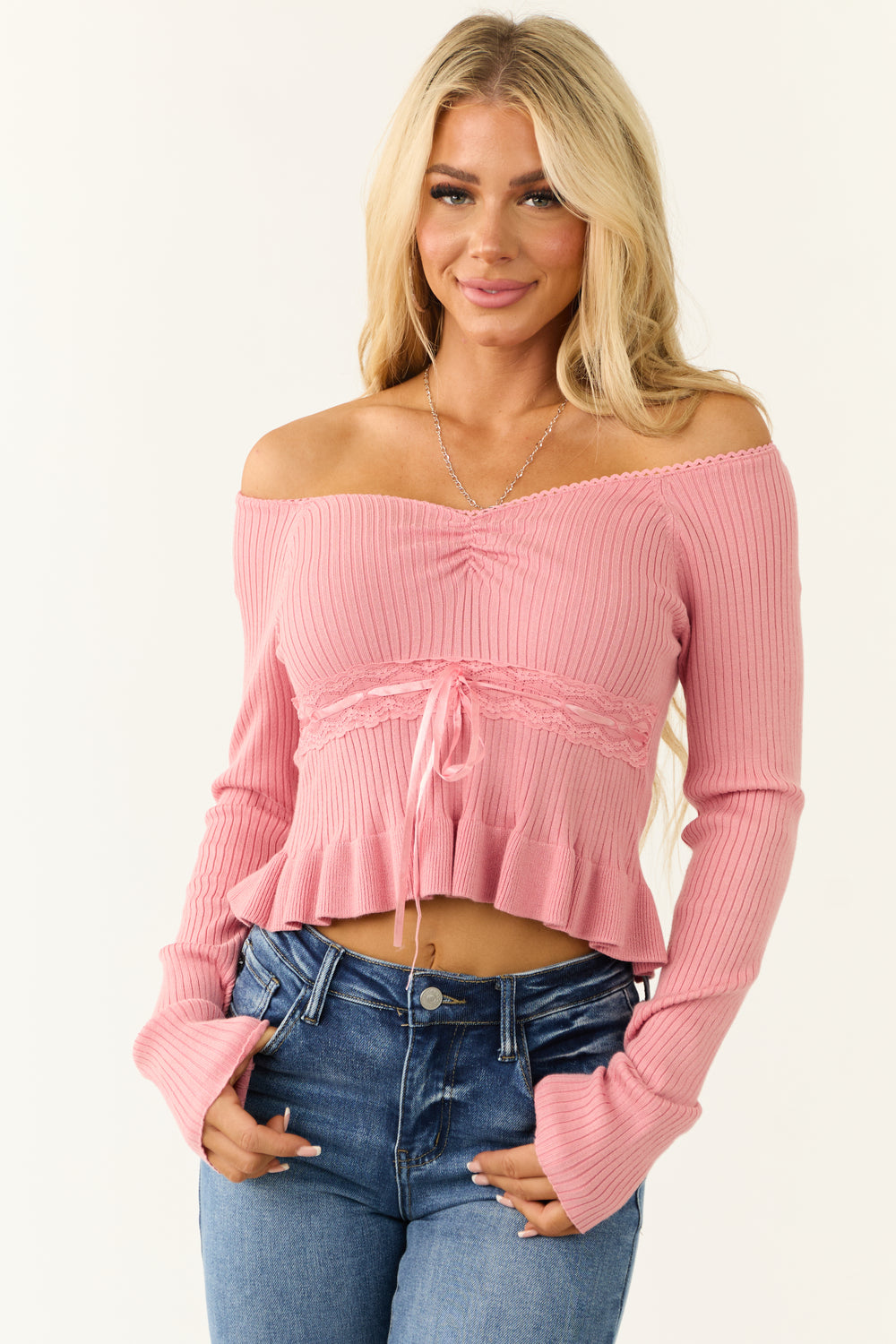Punch Off the Shoulder Ribbon Detail Crop Top | Lime Lush Boutique