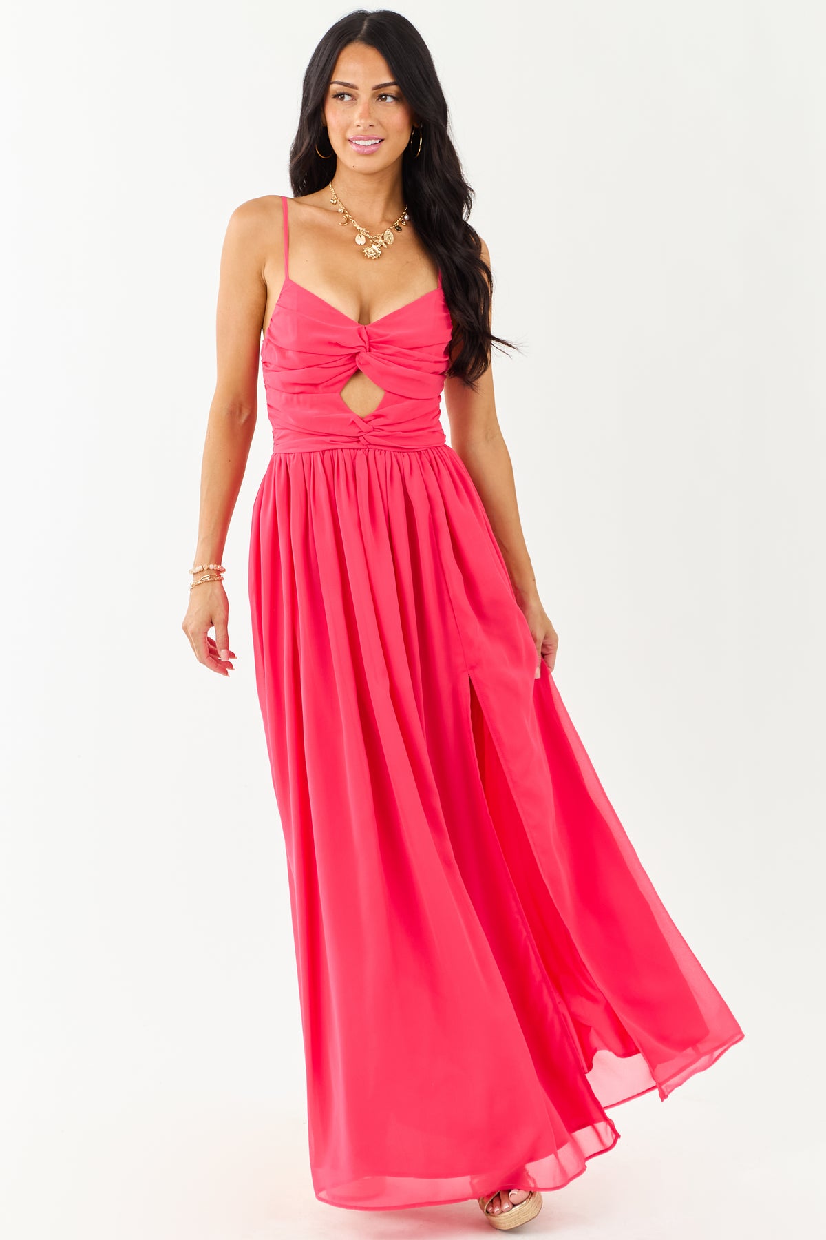 Raspberry Flowy Chiffon Front Twist Maxi Dress | Lime Lush Boutique