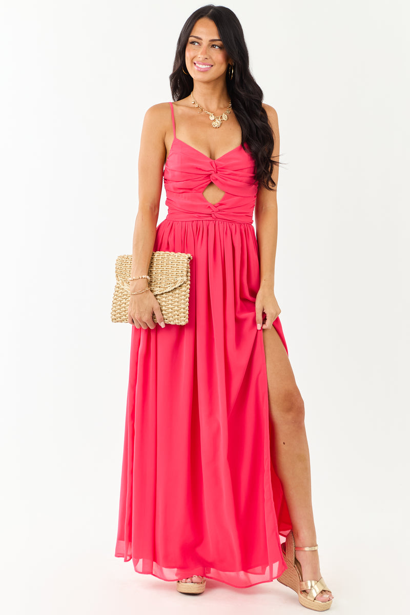 Raspberry Flowy Chiffon Front Twist Maxi Dress | Lime Lush Boutique