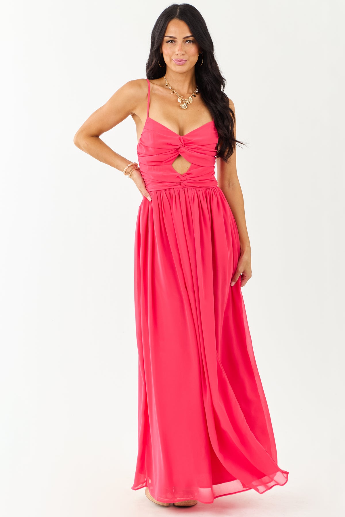 Raspberry Flowy Chiffon Front Twist Maxi Dress | Lime Lush Boutique