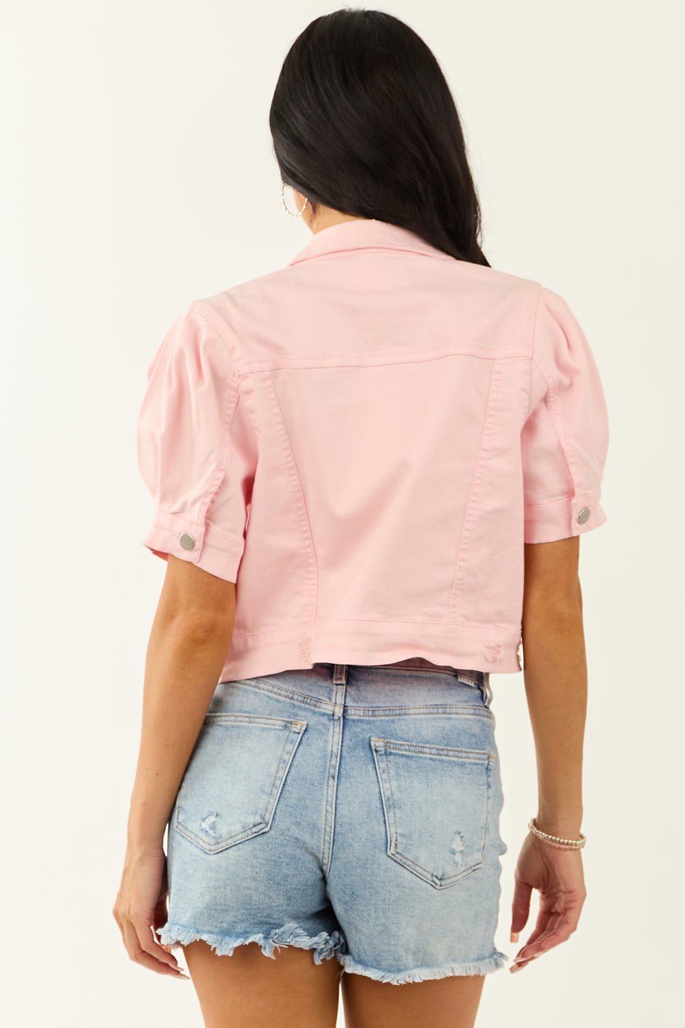 Risen Carnation Pleated Puff Sleeve Denim Jacket | Lime Lush Boutique