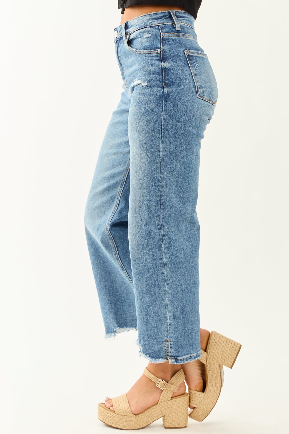 Risen Cropped Frayed Slit Hem Stretchy Wide Jeans | Lime Lush Boutique