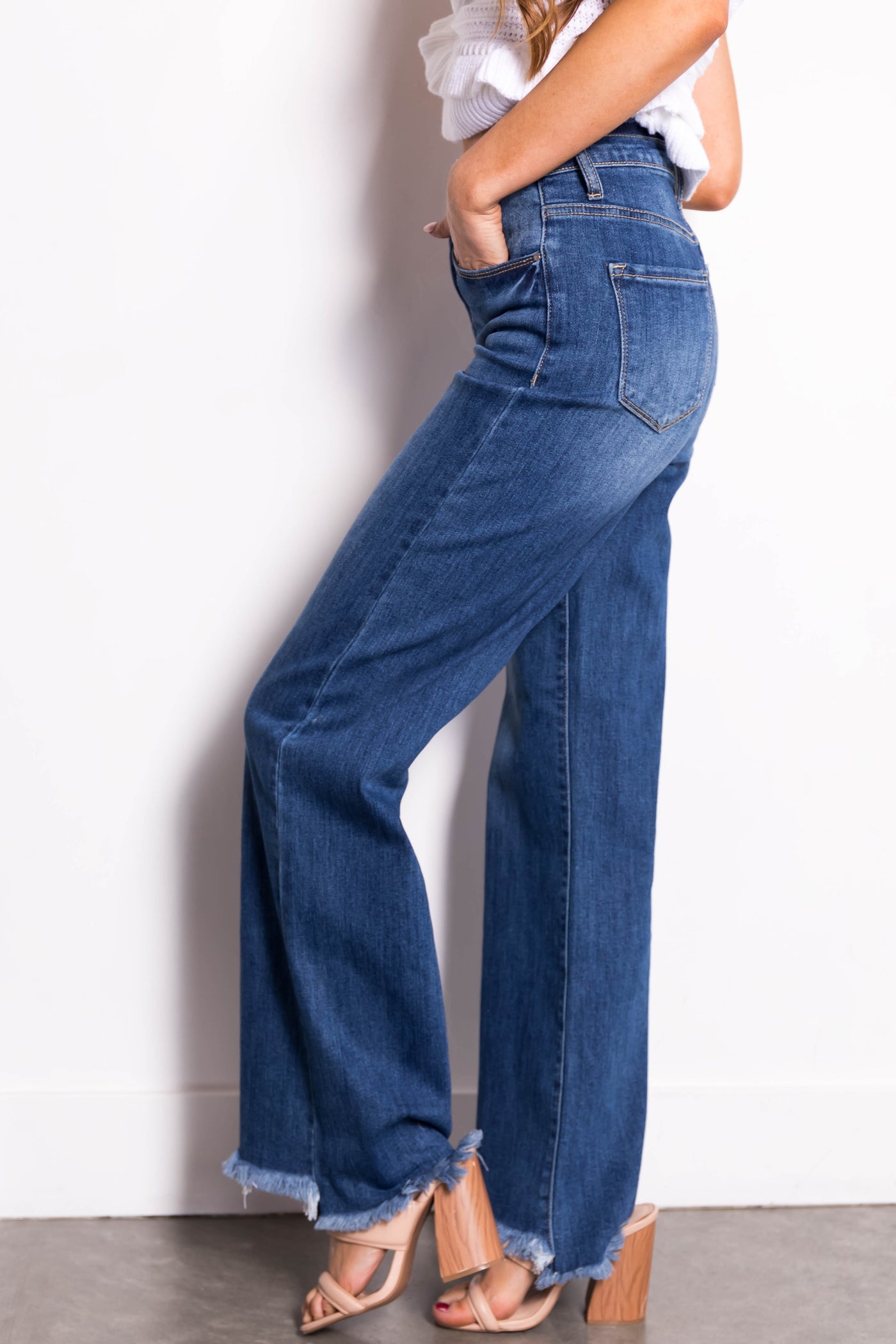 Risen Dark Wash High Rise Wide Leg Frayed Jeans | Lime Lush