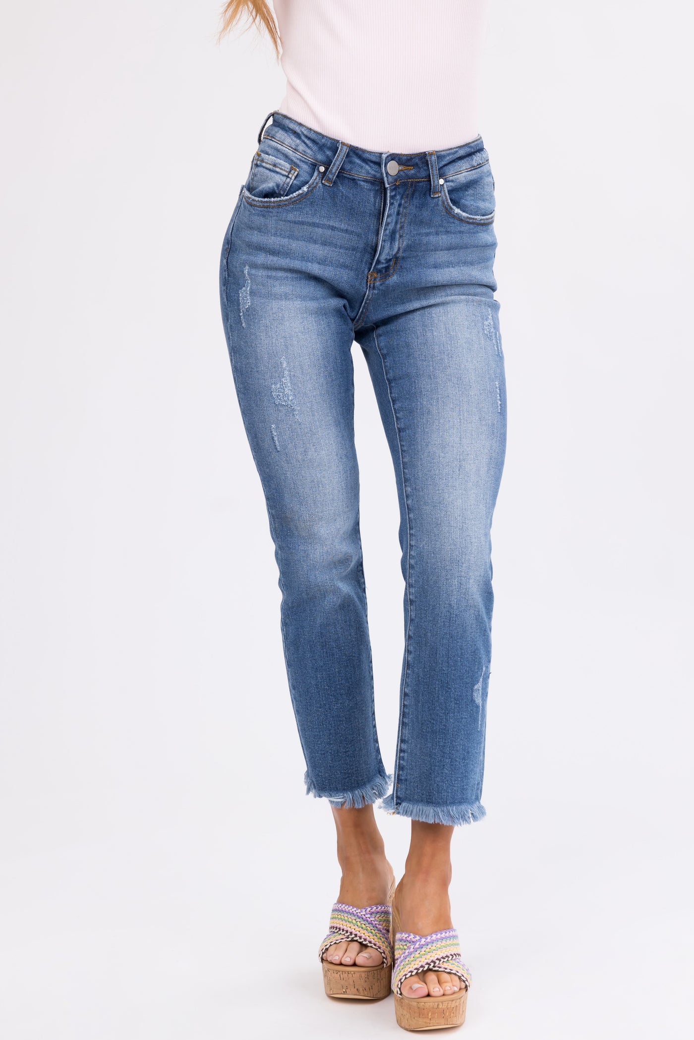 Risen Light Wash Straight Leg Frayed Hem Jeans | Lime Lush Boutique