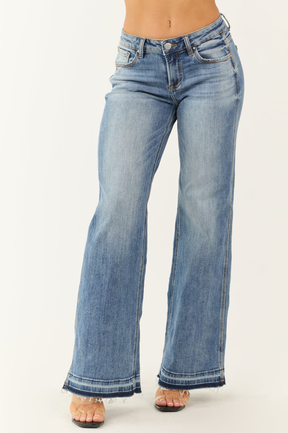 Risen Medium Wash Wide Leg Released Hem Jeans | Lime Lush Boutique