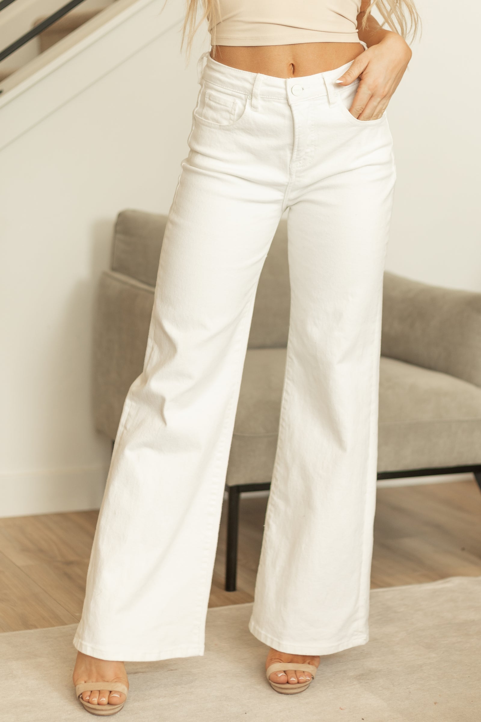 Risen White Tummy Control Wide Leg High Rise Jeans | Lime Lush Boutique