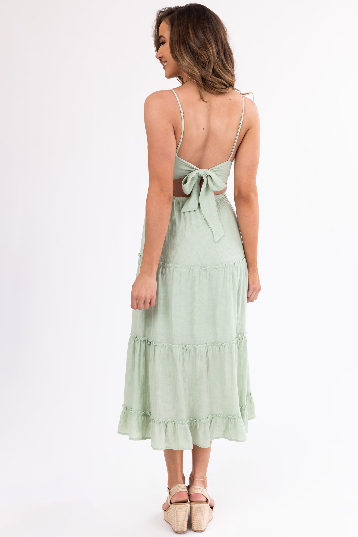 Sage Crochet Bodice Tiered Midi Dress Lime Lush Boutique