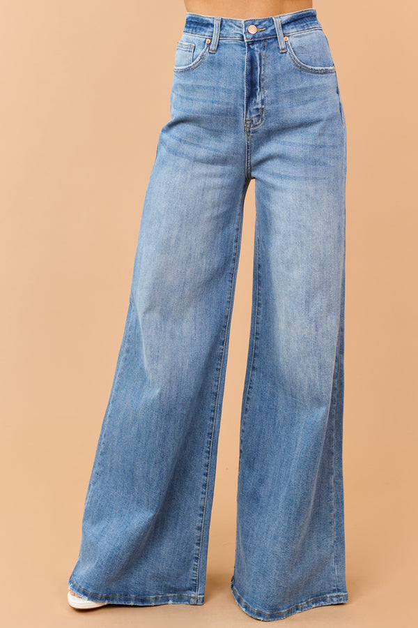 Saige Medium Stone Wash Super Wide Leg Stretch Jeans | Lime Lush Boutique