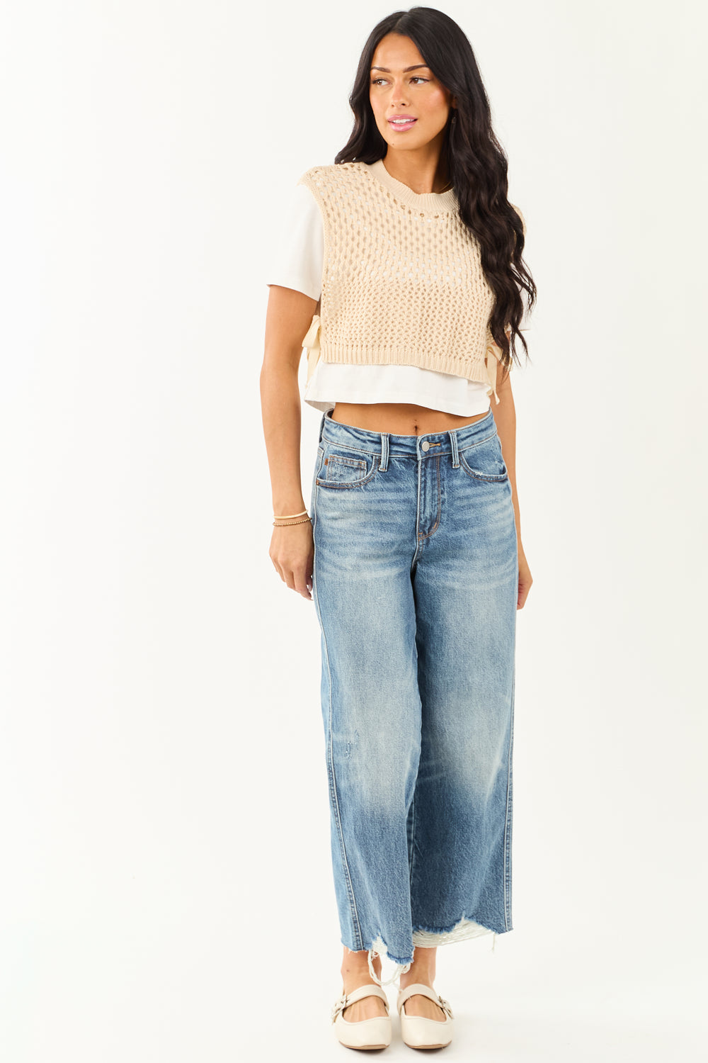 Sand Layered Crochet Short Sleeve Crop Top | Lime Lush Boutique