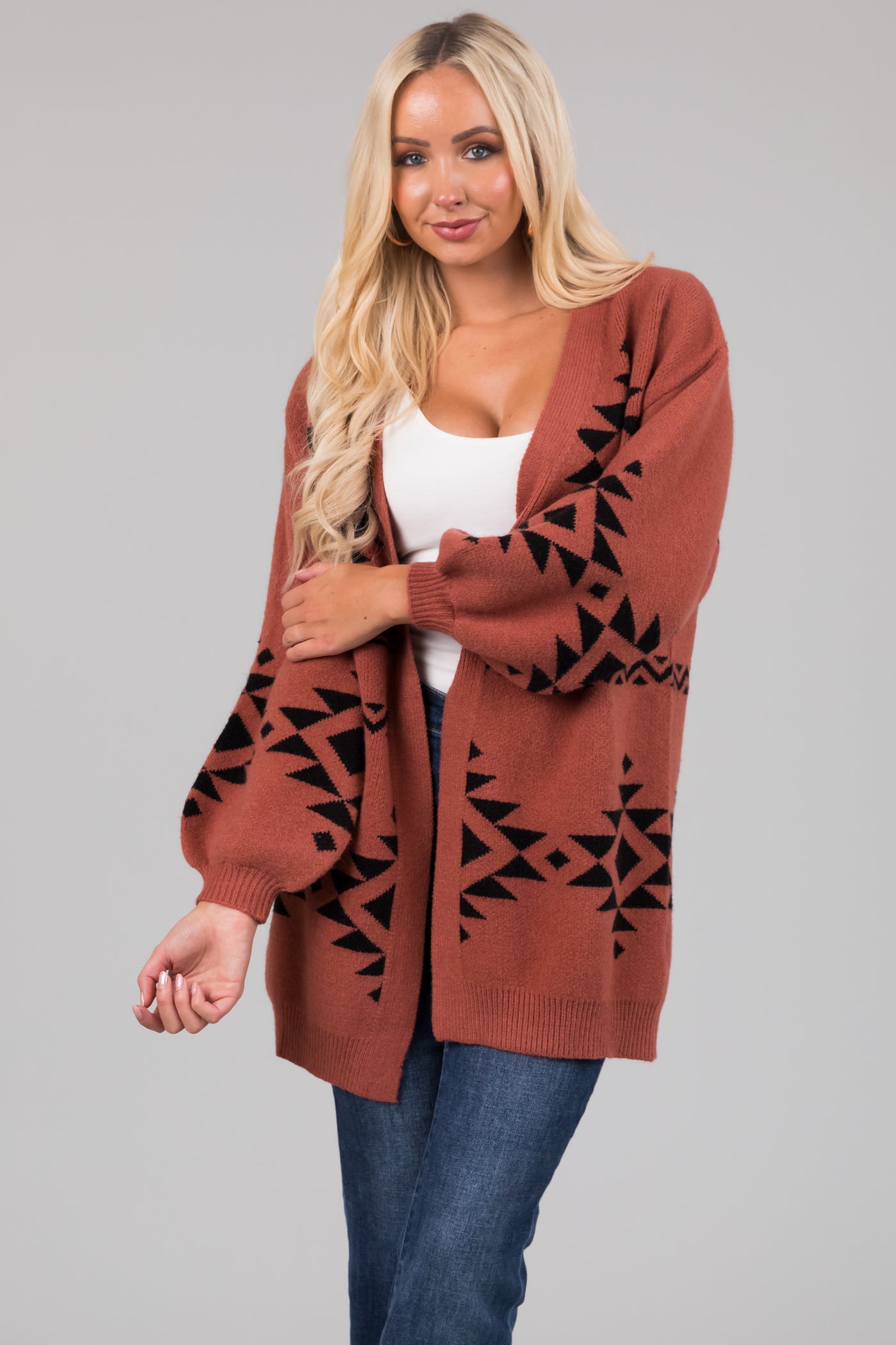 She Sky Chestnut Aztec Print Knit Cardigan Lime Lush Boutique