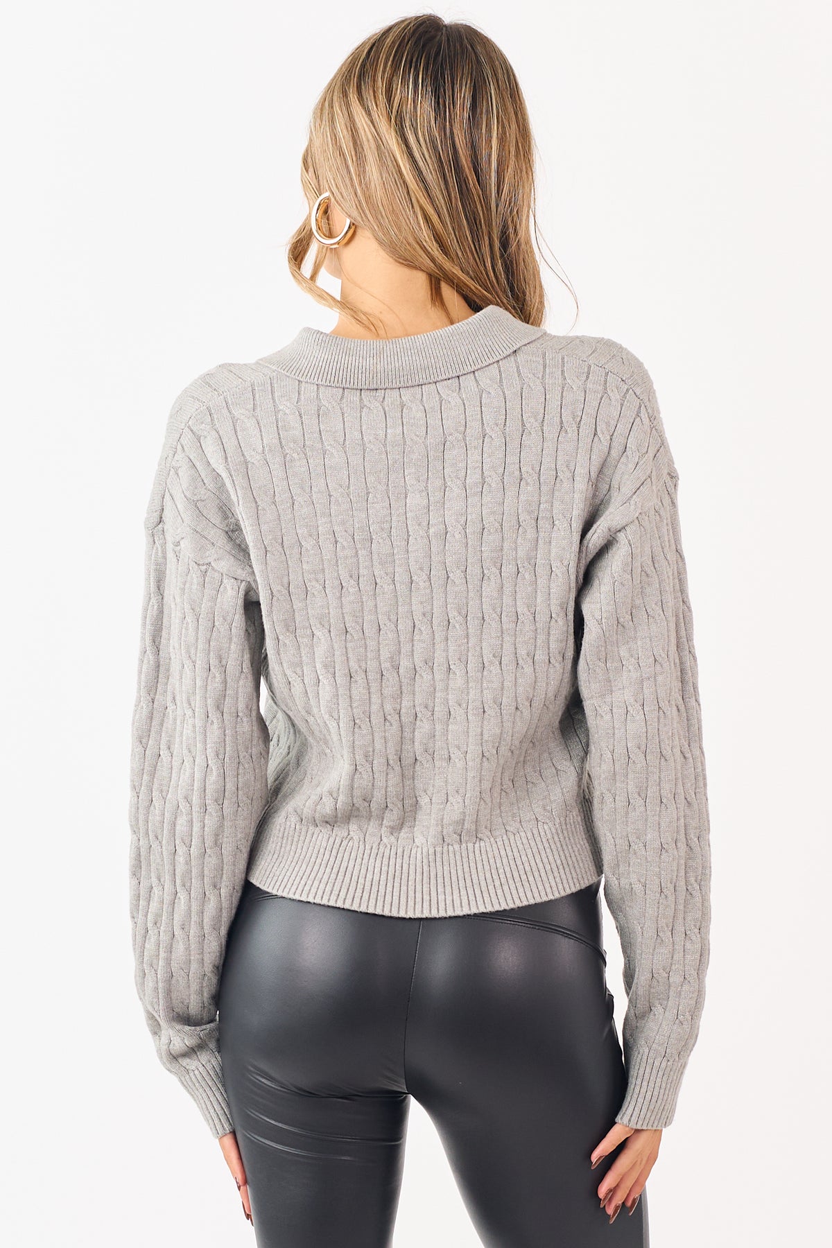 Steel Cable Knit Polo Style Cropped Sweater | Lime Lush Boutique