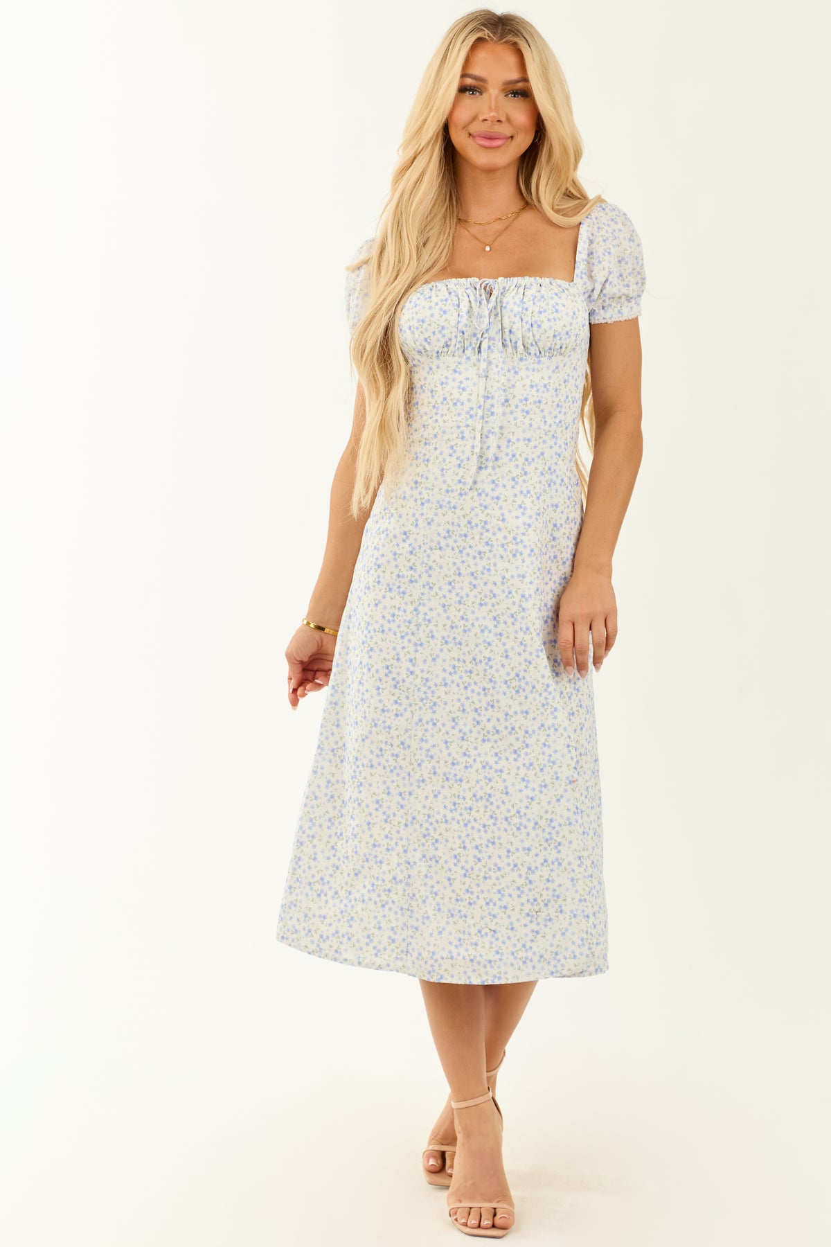 Vanilla Floral Print Front Slit Midi Dress | Lime Lush Boutique