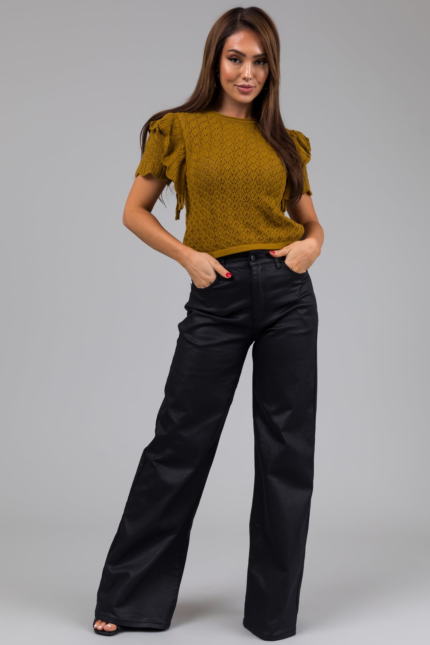 Vibrant Black High Rise Zipper Fly Wide Leg Coated Jeans | Lime Lush