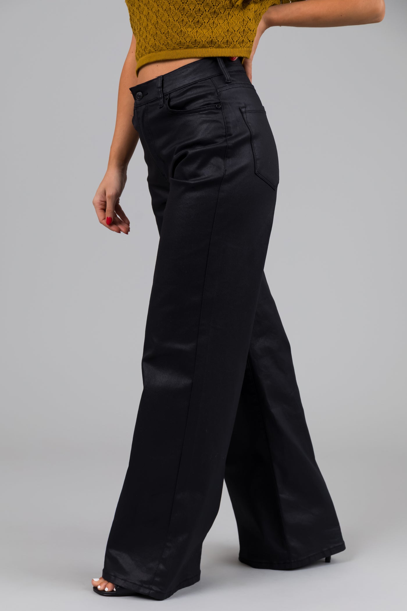Vibrant Black High Rise Zipper Fly Wide Leg Coated Jeans | Lime Lush