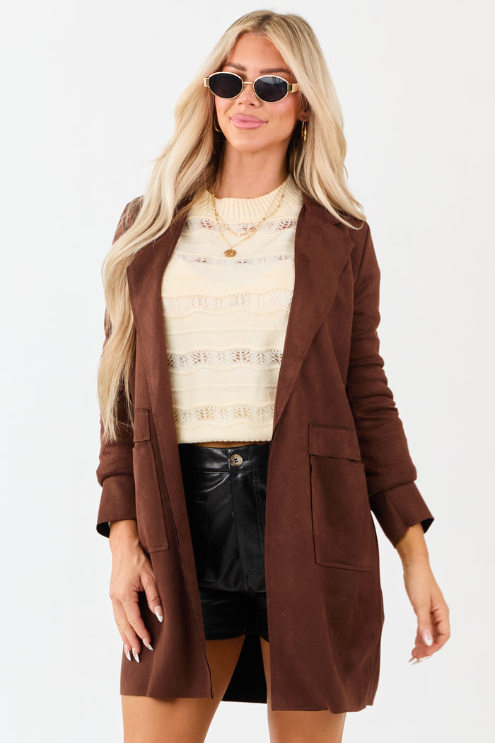 Walnut Faux Suede Open Front Jacket | Lime Lush Boutique