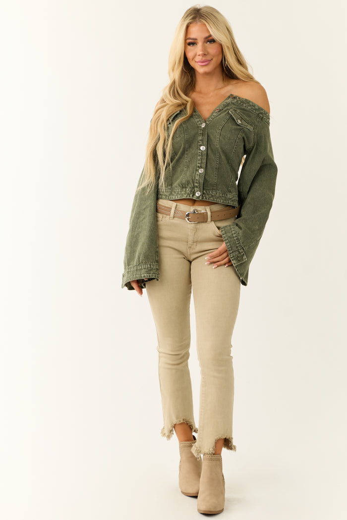 Washed Army Green Off the Shoulder Denim Jacket | Lime Lush Boutique
