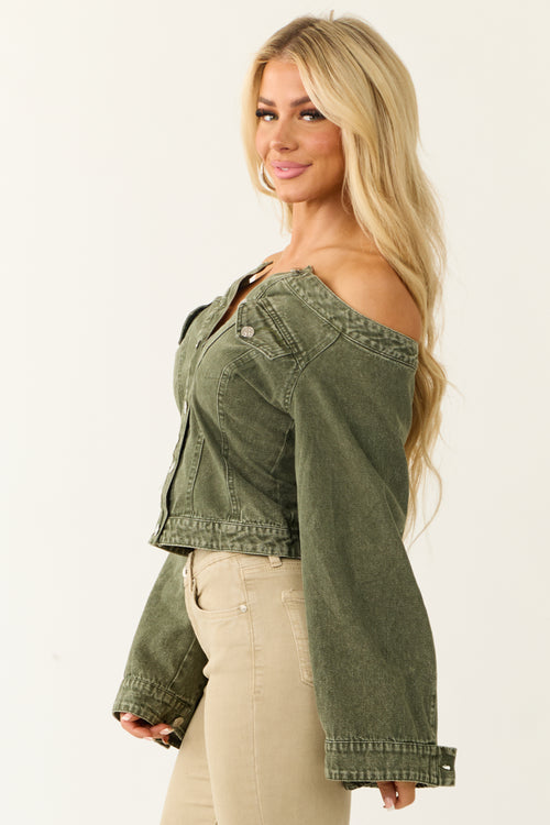 Washed Army Green Off the Shoulder Denim Jacket | Lime Lush Boutique