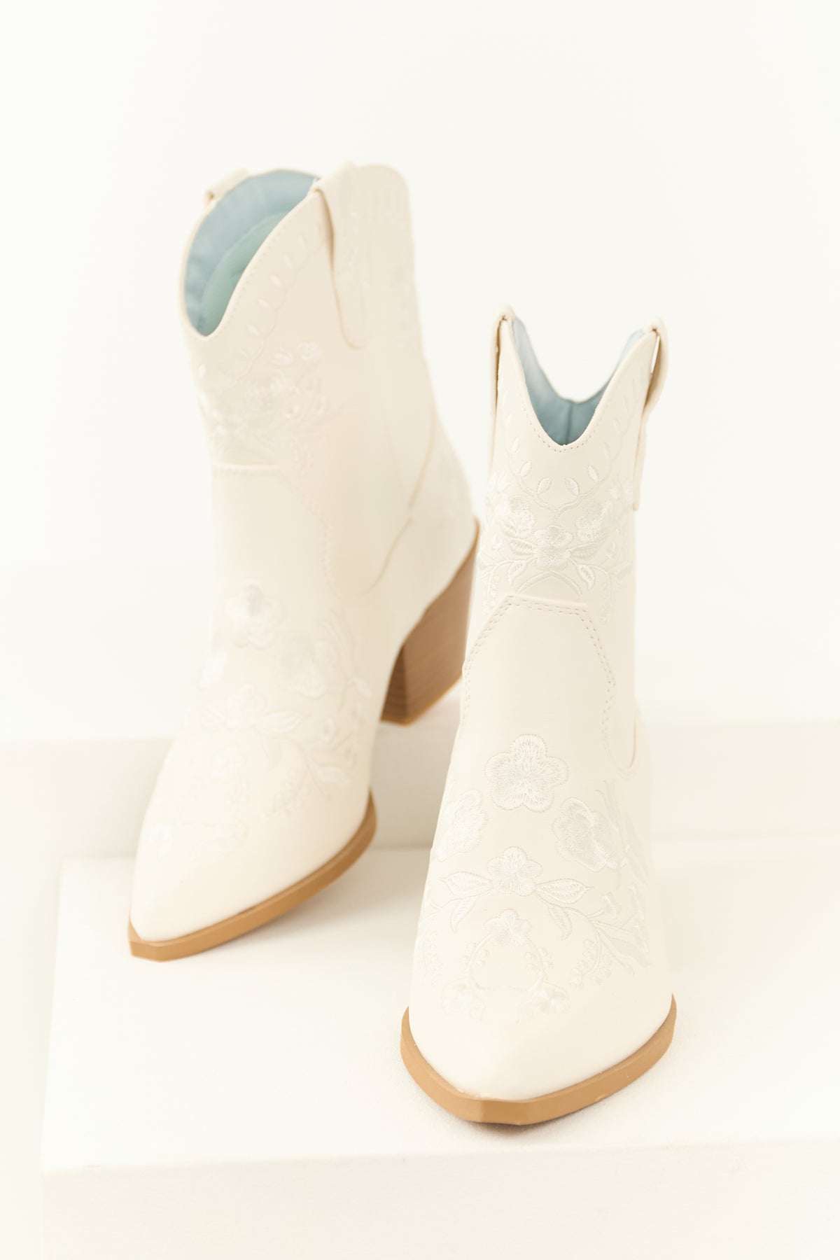 White Floral Embroidered Stacked Heel Booties | Lime Lush Boutique