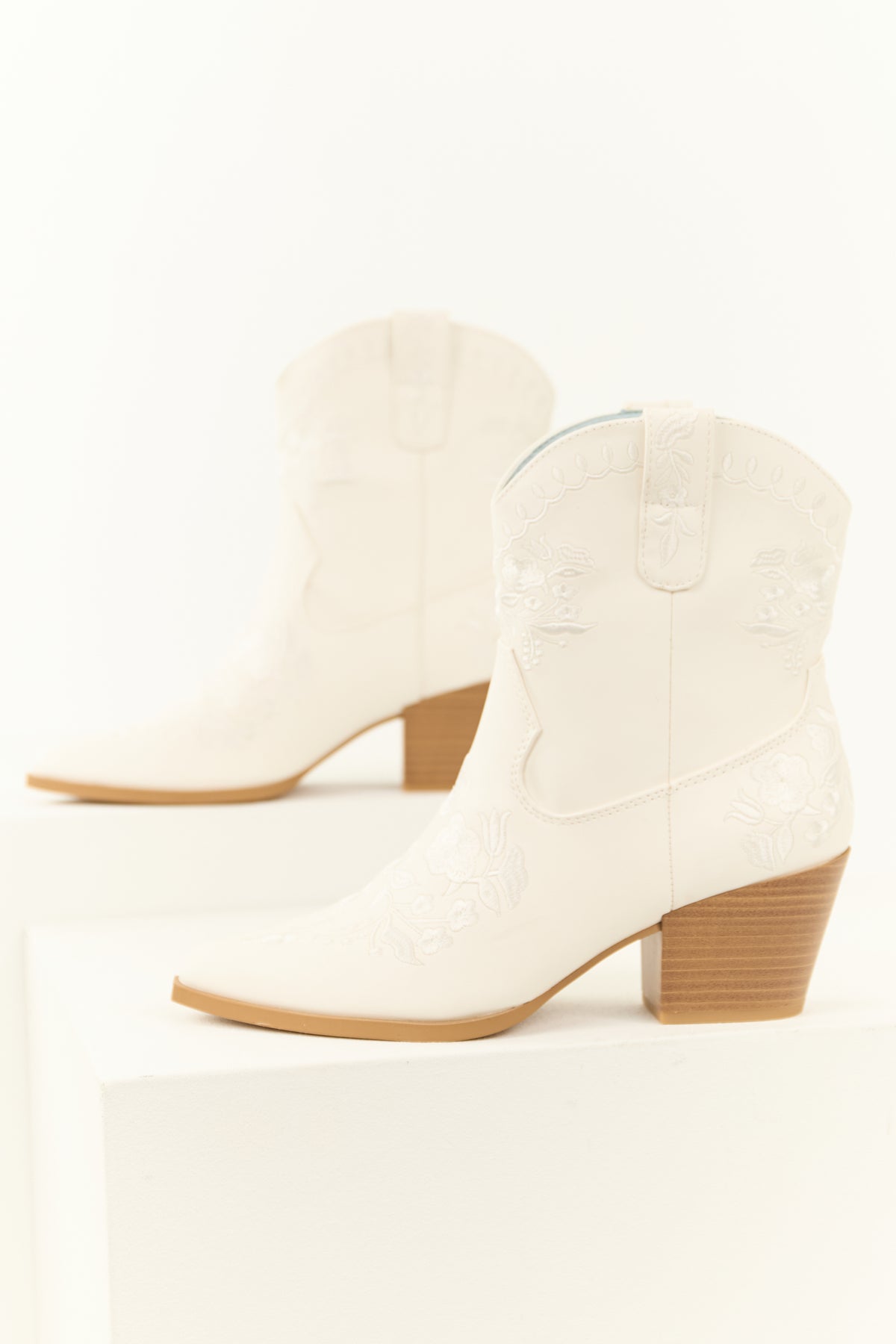 White Floral Embroidered Stacked Heel Booties | Lime Lush Boutique