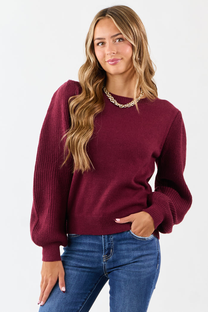 Wine Ribbed Knit Puff Long Sleeve Sweater | Lime Lush Boutique