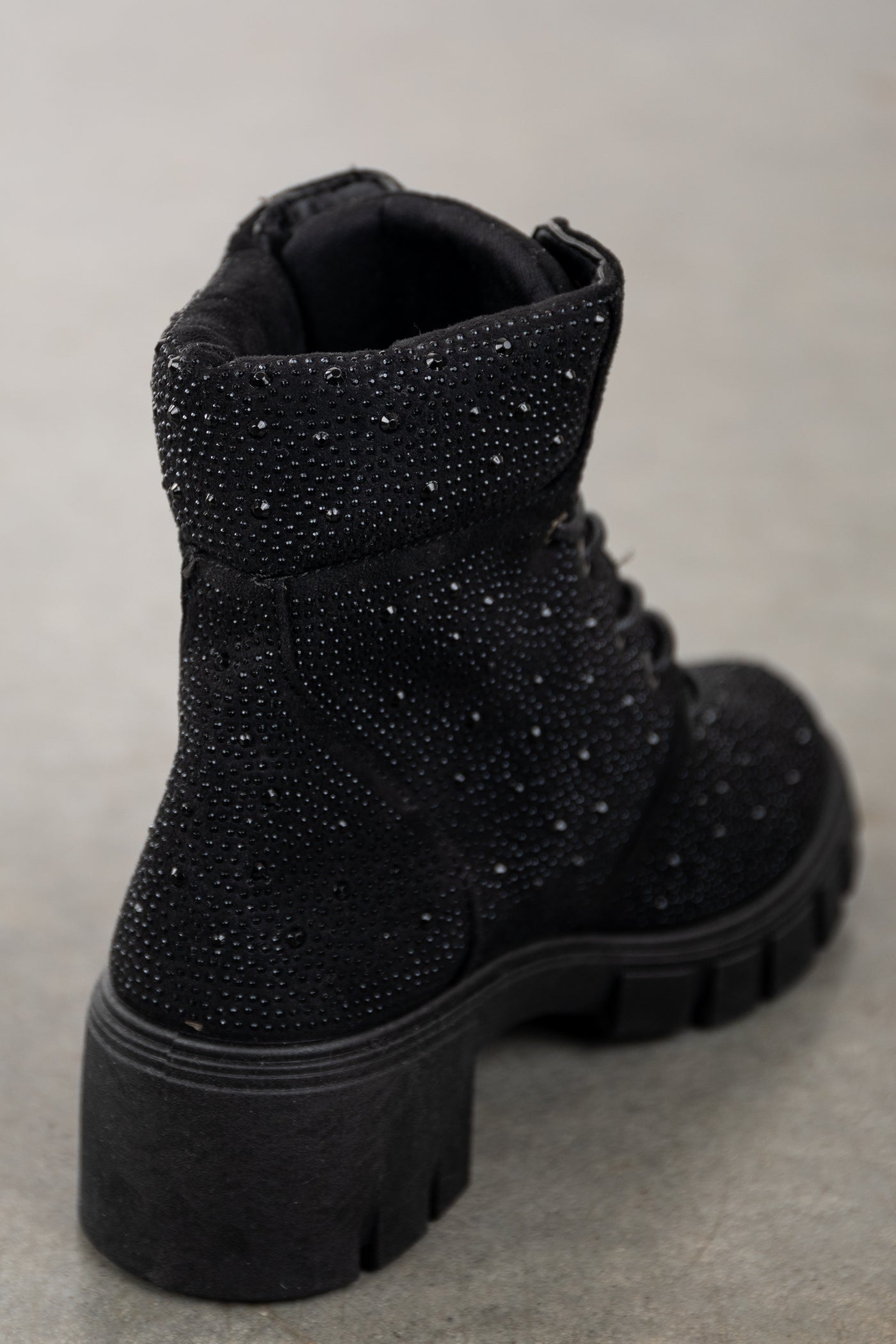 Black Rhinestone Studded Lace Up Lug Booties | Lime Lush