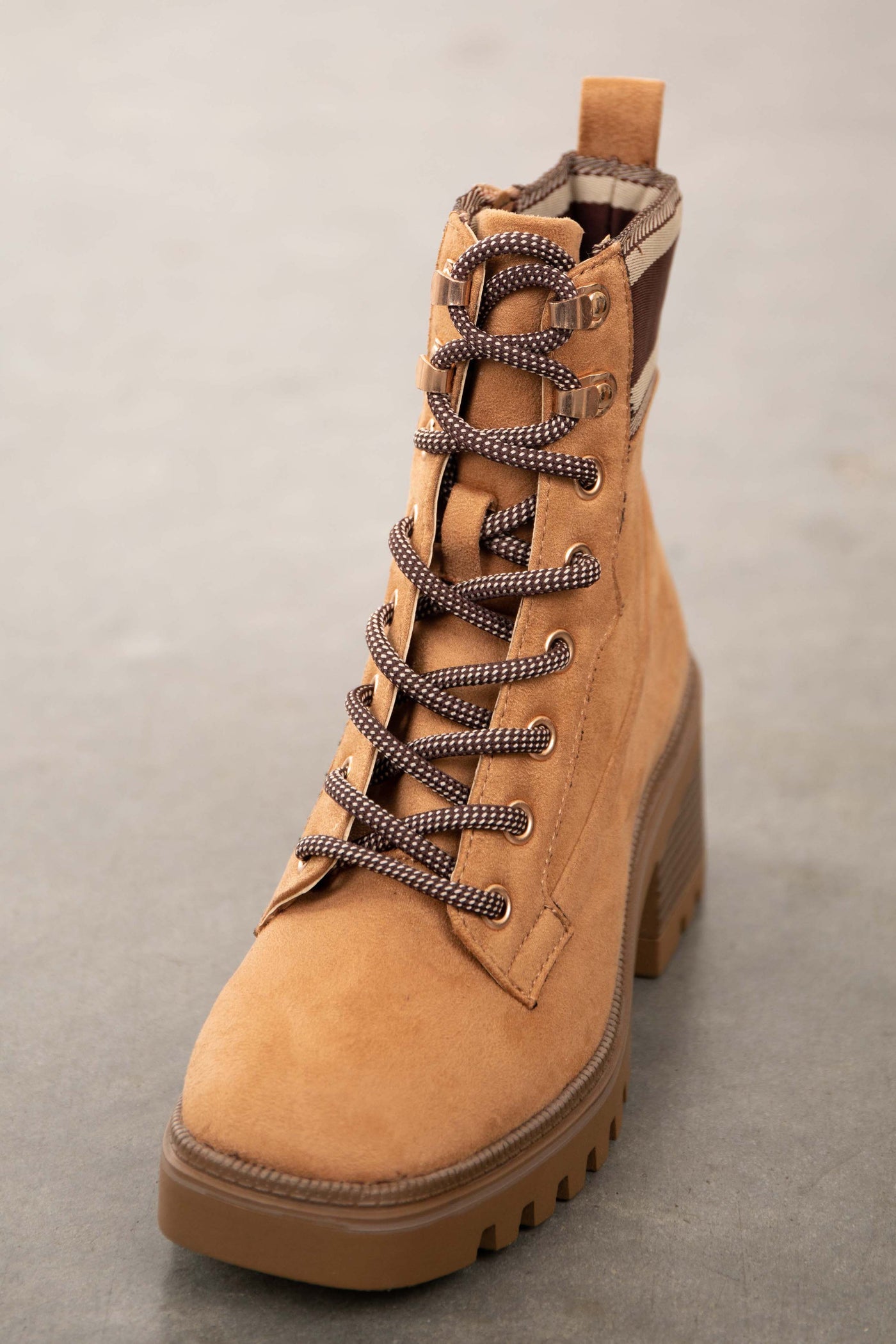 Camel Faux Suede Lace Up Lug Sole Booties | Lime Lush