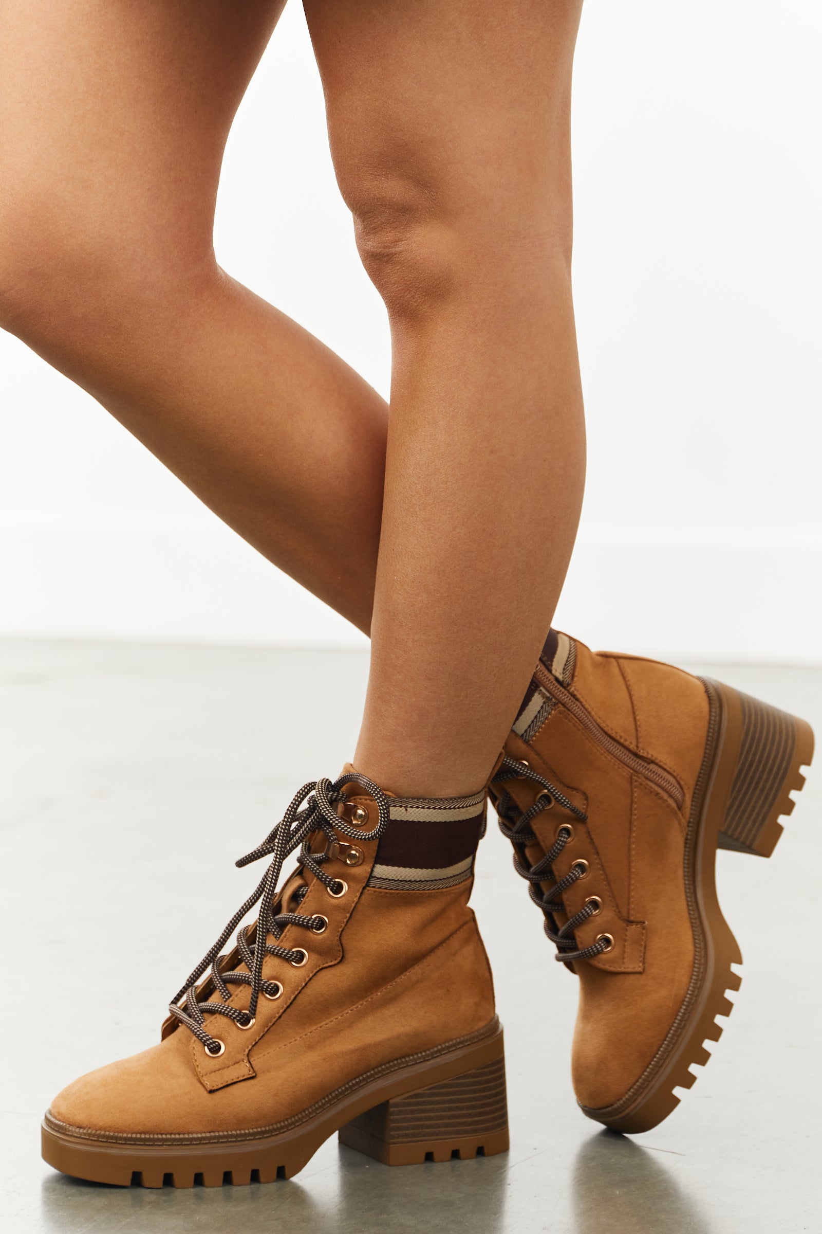 Camel Faux Suede Lace Up Lug Sole Booties | Lime Lush