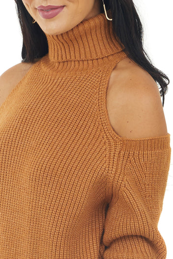 Caramel Cold Shoulder Turtleneck Knit Sweater | Lime Lush