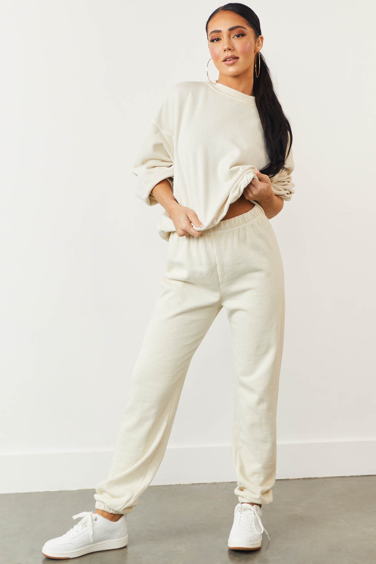 Cream Fleece Lined Solid Cotton Sweatpants | Lime Lush