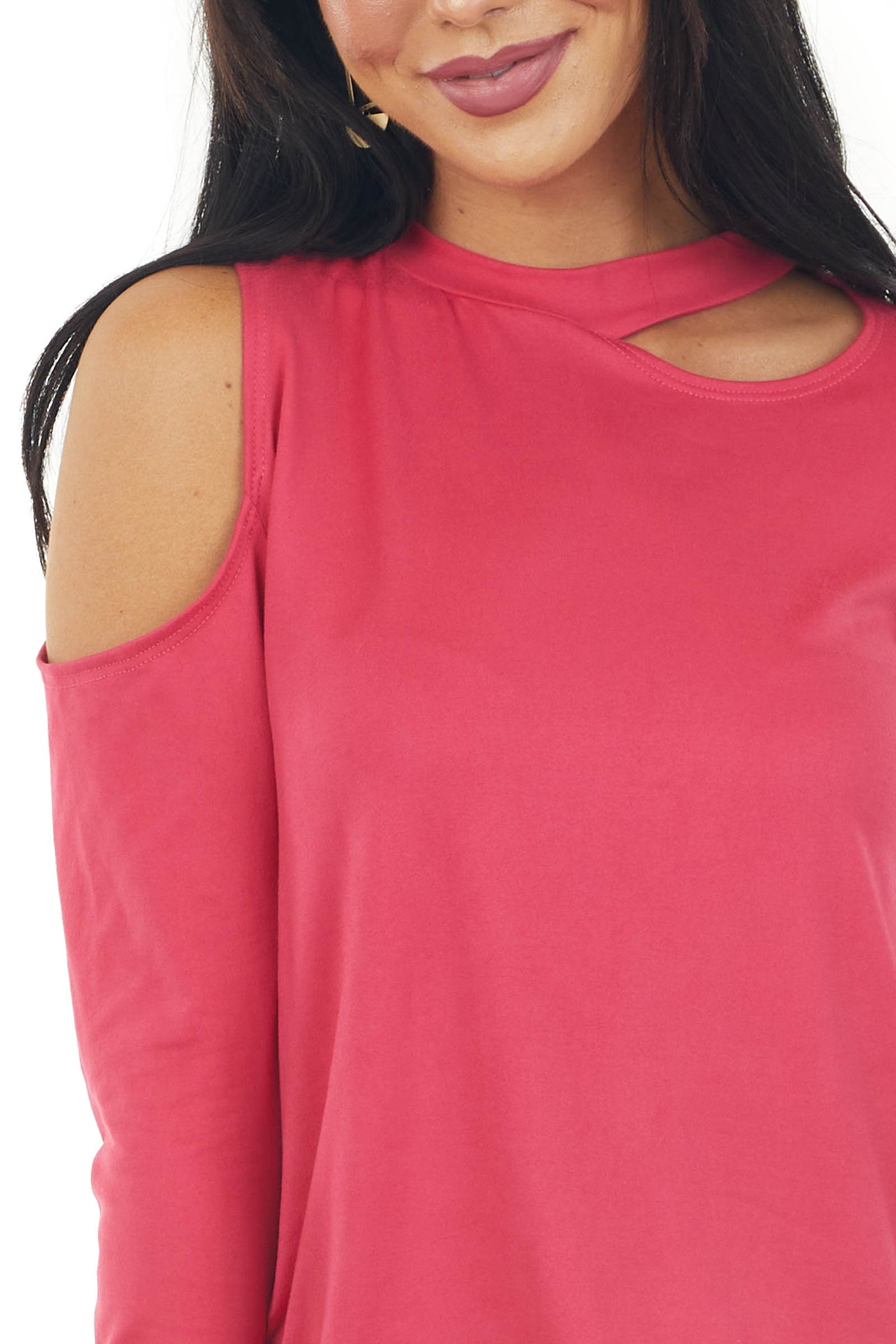 Hot Pink Cold Shoulder Long Sleeve Knit Cut Out Top | Lime Lush