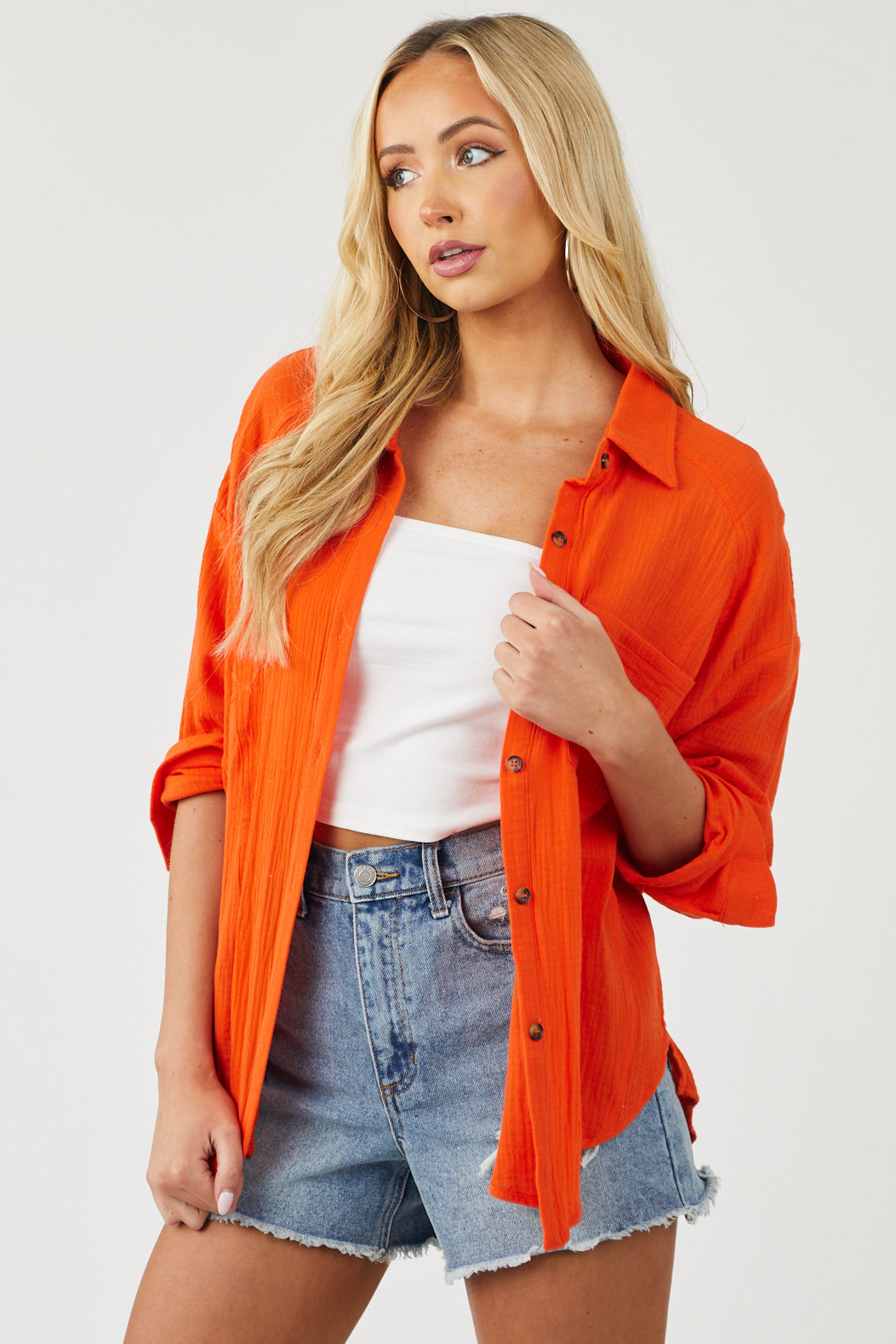 Vivid Orange Button Up Blouse with Open Tie Back | Lime Lush