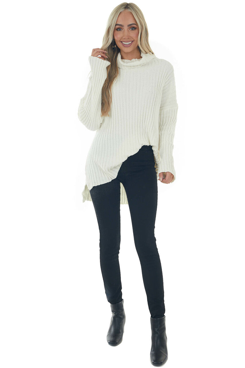 Cream Chenille Ribbed Cowl Neck Sweater | Lime Lush