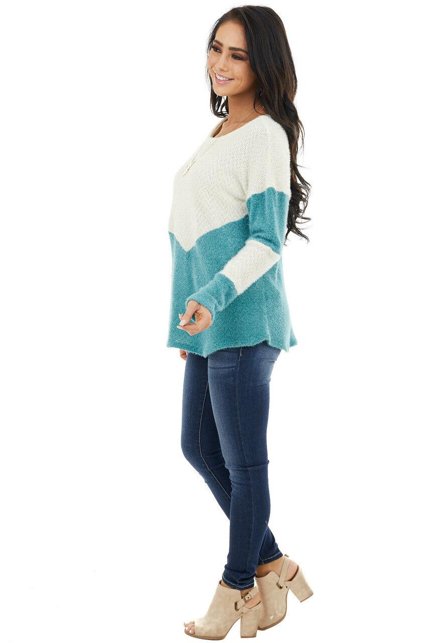 Teal and Cream Colorblock Sweater with Loose Knit Detail | Lime Lush