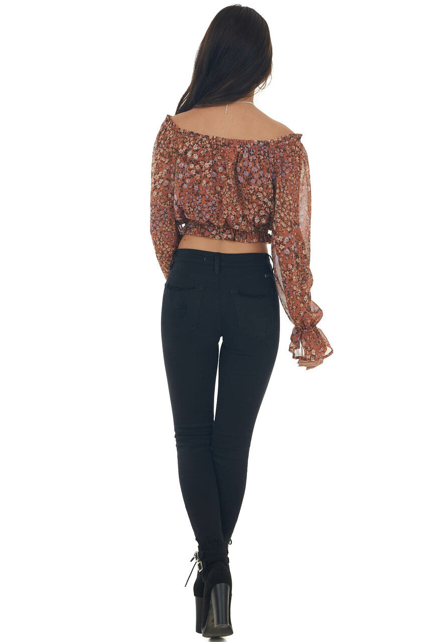 Terracotta Floral Off Shoulder Cropped Top Lime Lush