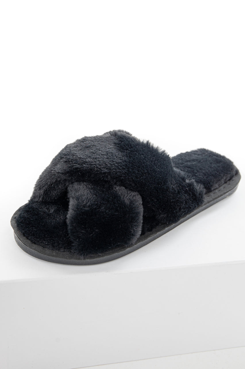 Black Super Soft Fuzzy Slippers with Criss Cross Straps | Lime Lush Boutique