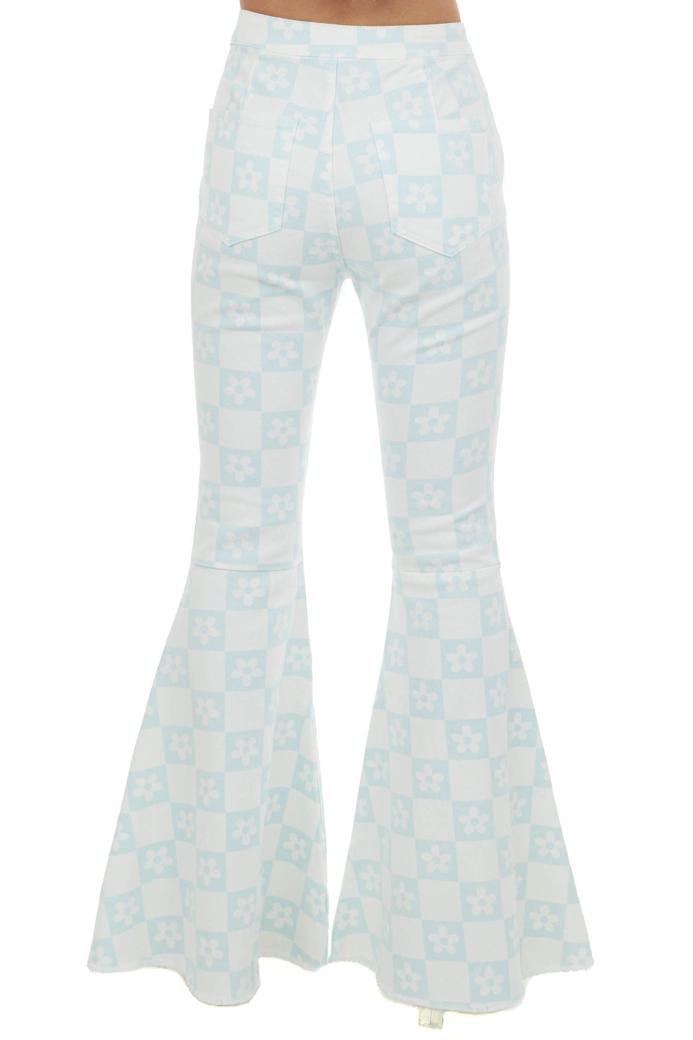 Peach Love Pastel Blue Checkered Flower Print Flare Jeans | Lime Lush