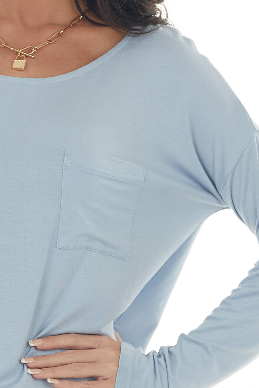 Powder Blue Drop Shoulder Chest Pocket Top | Lime Lush