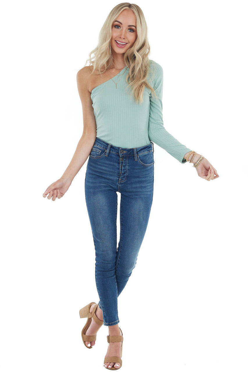 Sage Fitted One Shoulder Stretchy Ribbed Knit Top | Lime Lush